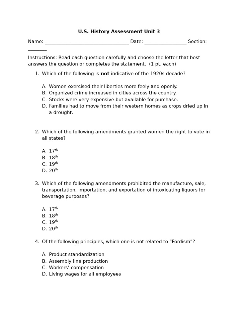 American History Unit 3 Assessment | PDF | Dust Bowl | American Mafia