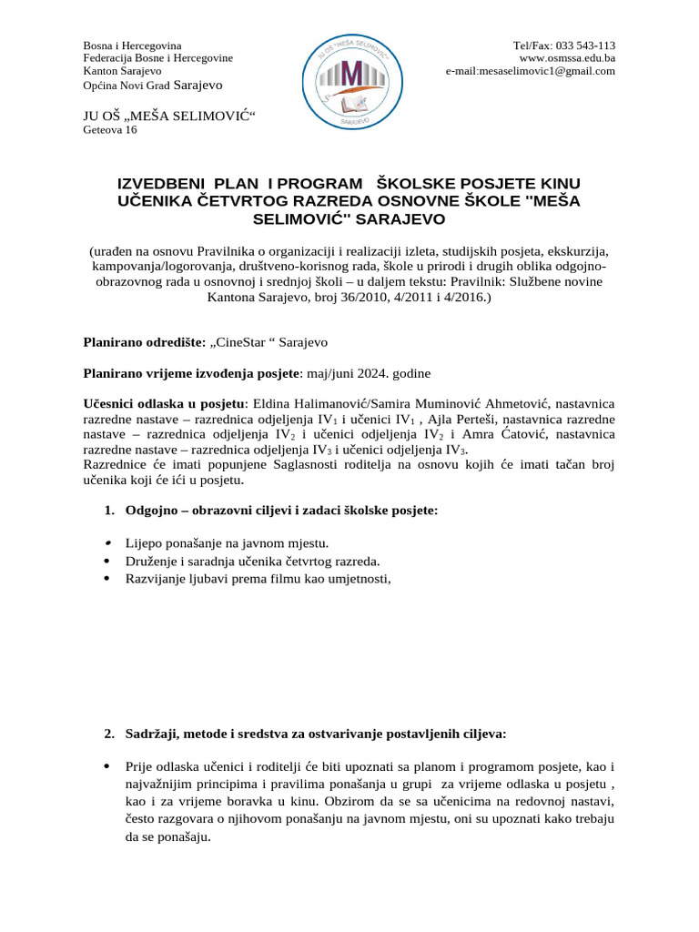 IV Razred - Izvedbeni Plan Posjete Kinu | PDF