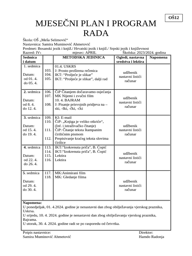Operativni Plan Rada Za April IV-1 | PDF