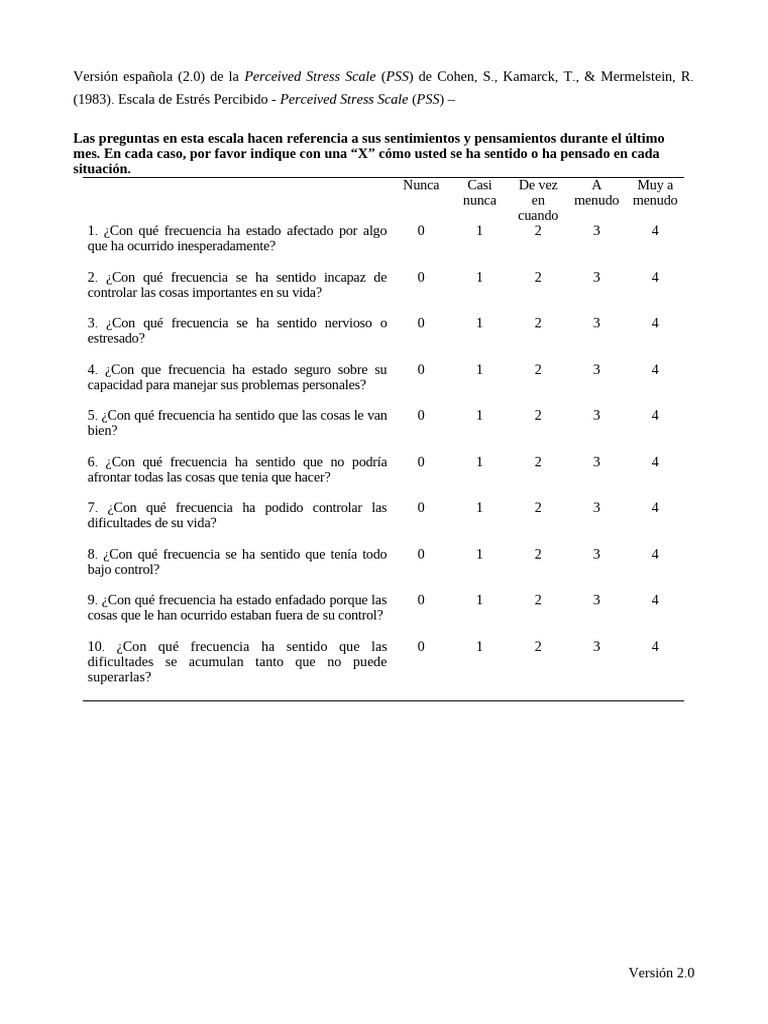 Escala de Estrés Percibido PSS-10 | PDF