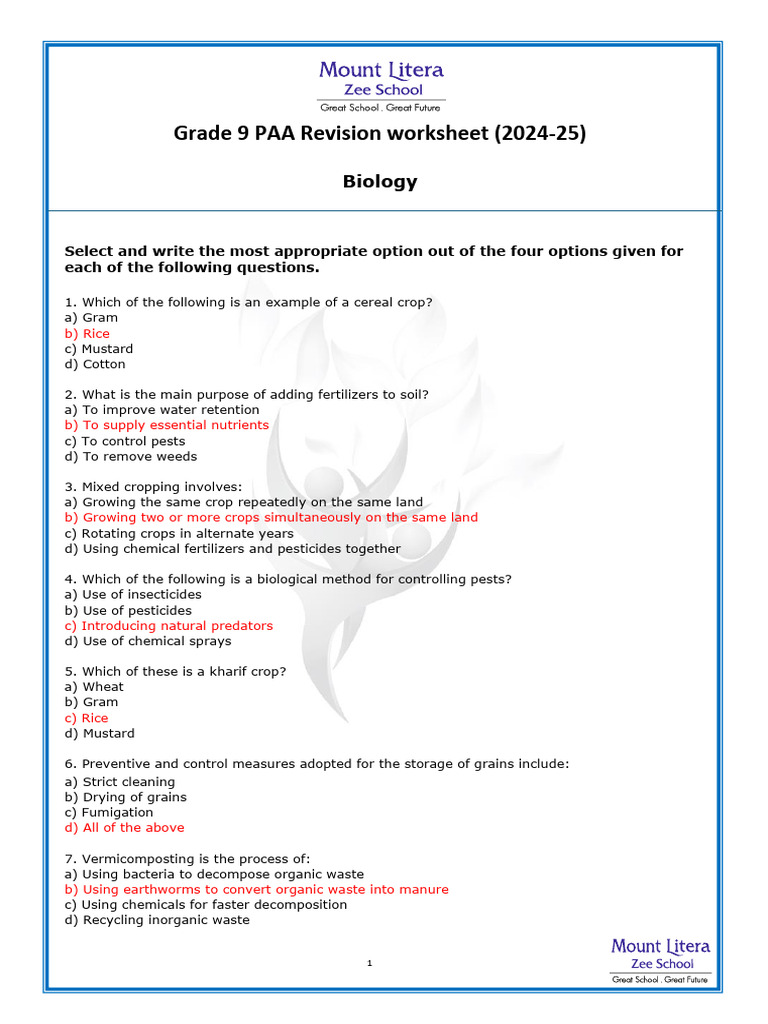 Grade 9 Science Biology PAA Revision Worksheet Key | PDF | Agriculture ...