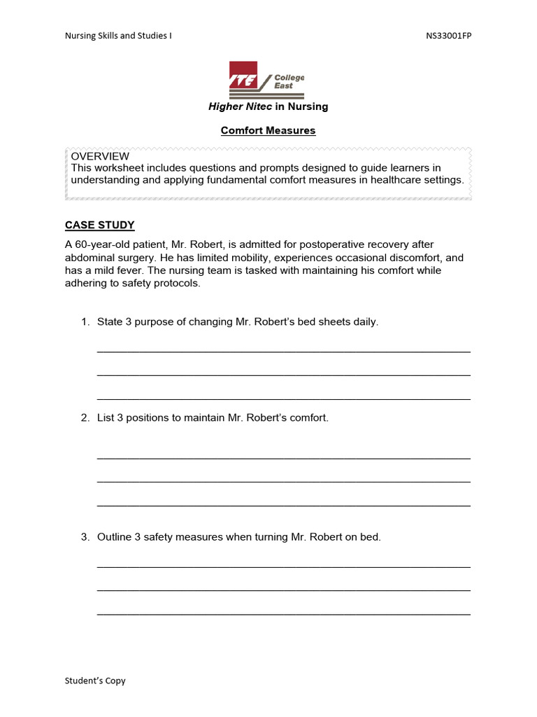 Worksheet - Comfort Measures | PDF | Nursing | Surgery