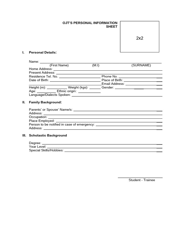 OJT Personal Information Sheet | PDF