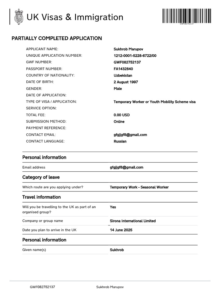 Marupov Sukhrob 2025-05-09-11-32 Incomplete Application | PDF | Travel Visa | Nationality