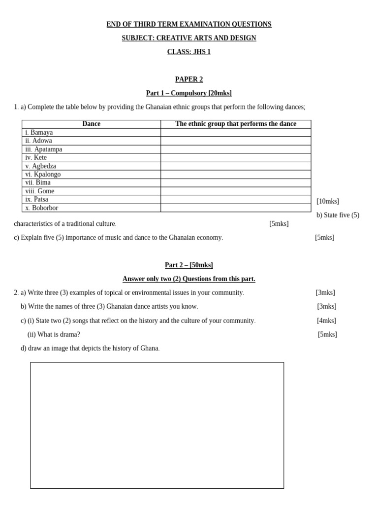 JHS 1 Creative Arts Exam Questions | PDF | Drawing | Shadow