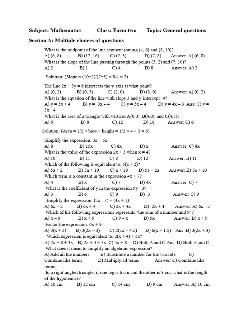 Questions With Anawers Form One | PDF | Trigonometric Functions | Elementary Geometry