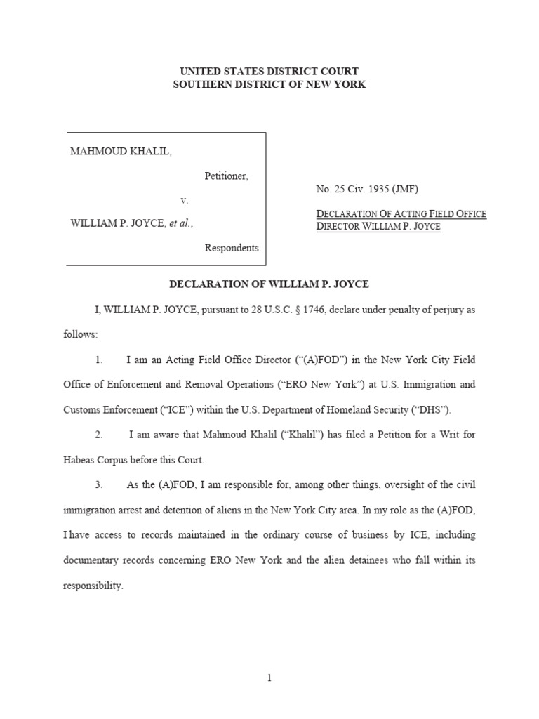 Khalil v. Joyce, Paper No. 32 | PDF | U.S. Immigration And Customs Enforcement | American Government