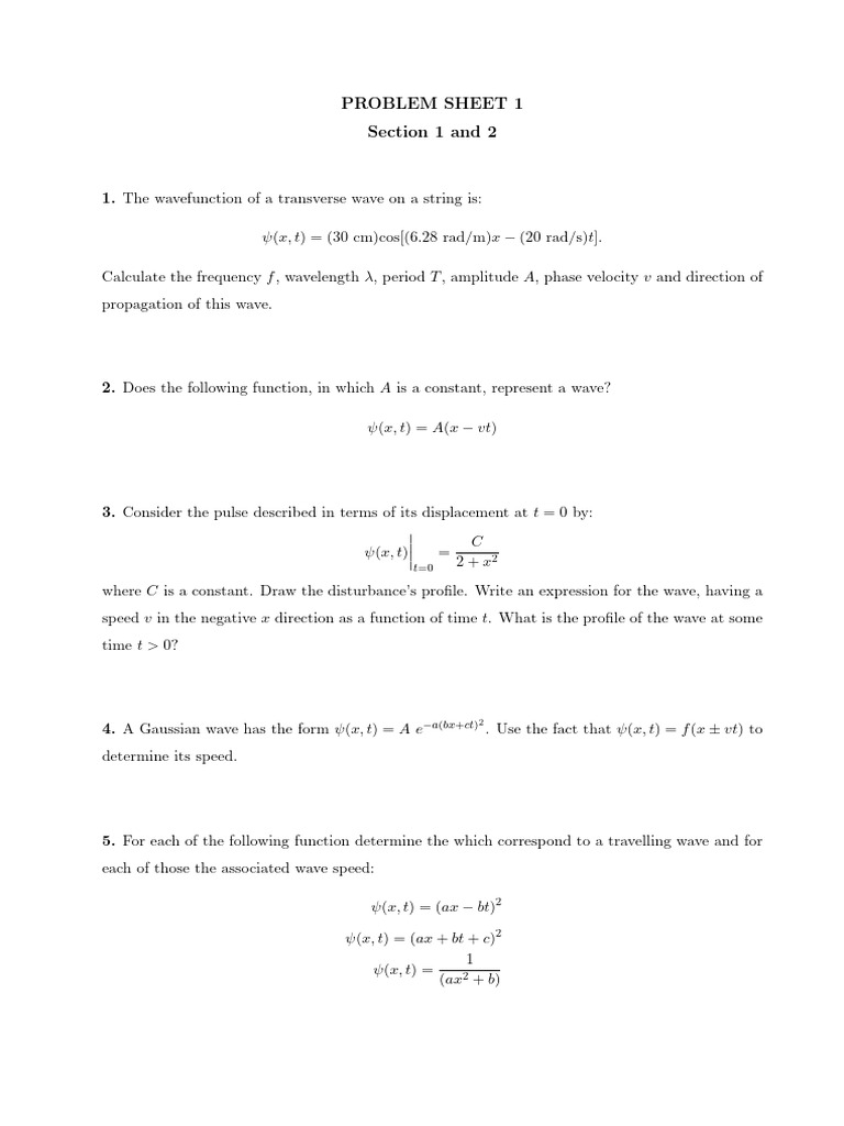 Problem Sheet 1 Week 1 With Solutions | PDF | Waves | Wavelength