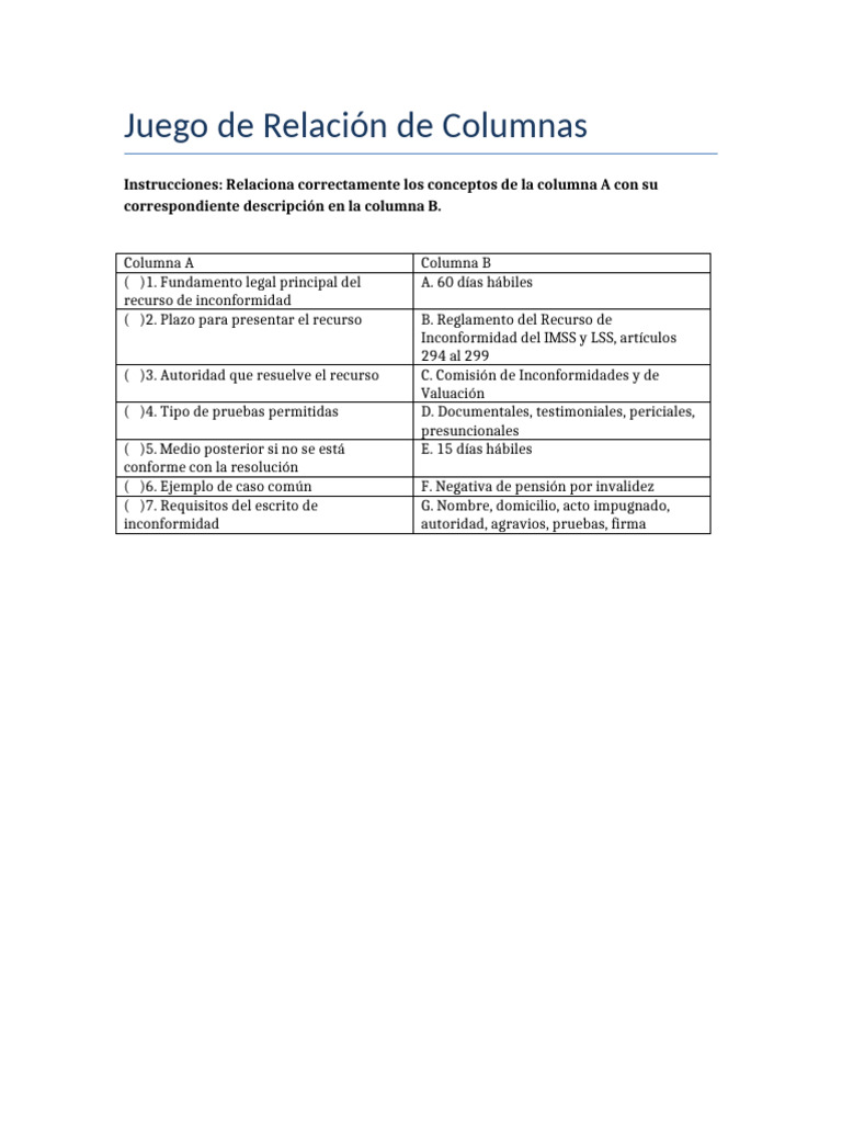 Juego De Relacion De Columnas Imss Pdf
