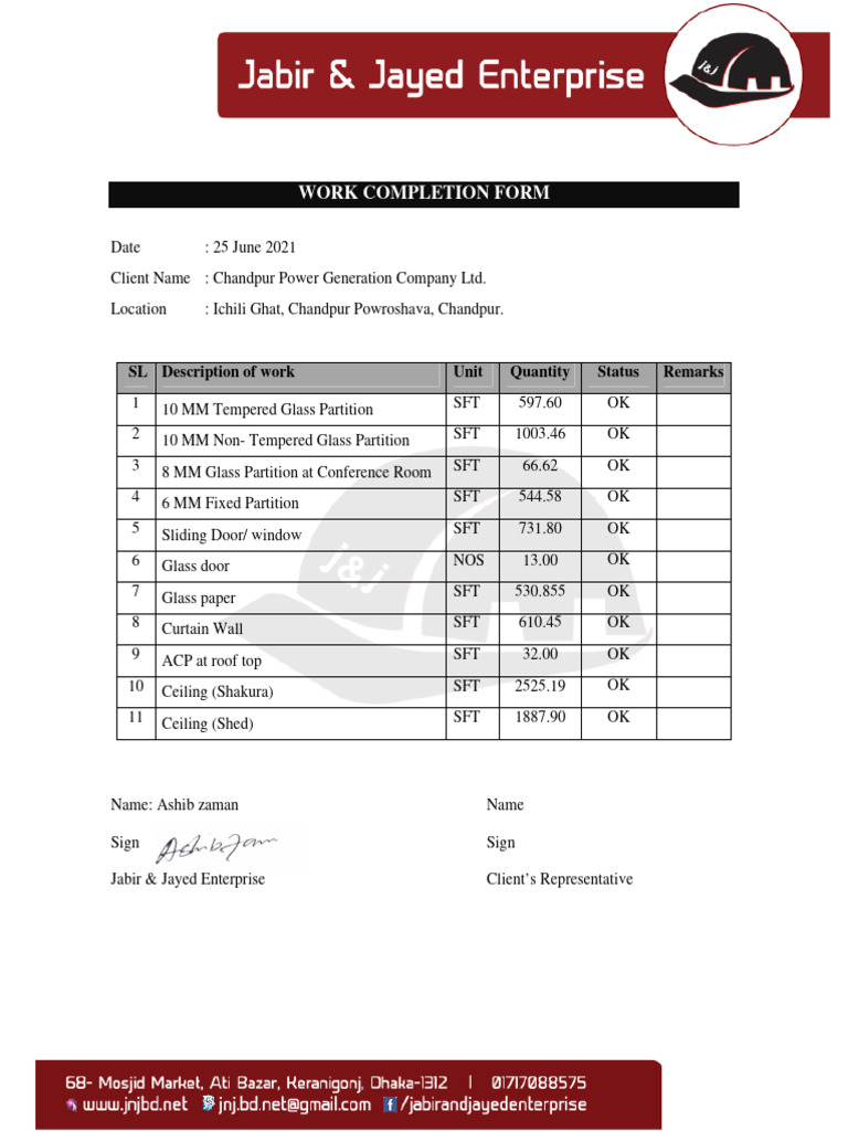 J&J Work Completion Form | PDF