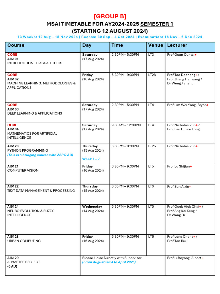 -GROUP B- MSAI AY2024-2025 Semester 1 Timetable - Students | PDF | Artificial Intelligence ...
