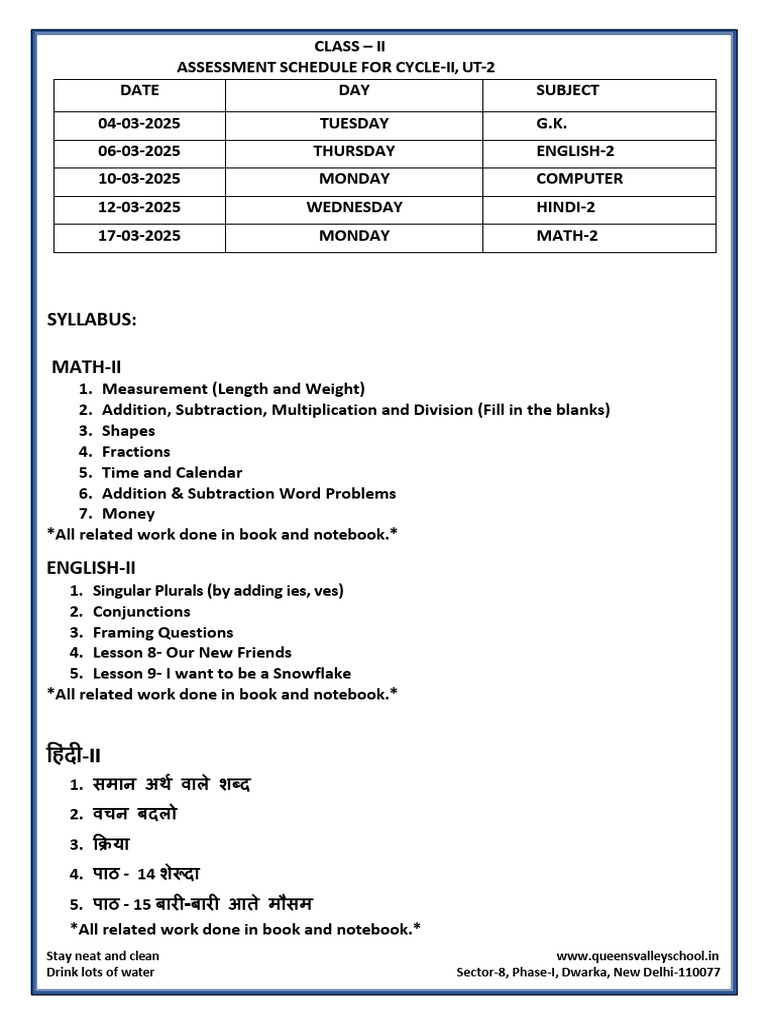 Class 2 - ASSESSMENT SCHEDULE-CYCLE-2 | PDF