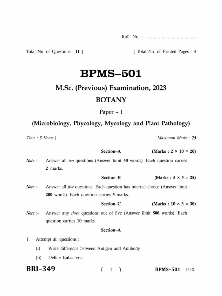 MSC Part 1 Botany p1 Microbiology Phycology Mycology Bpms 501 2023 | PDF