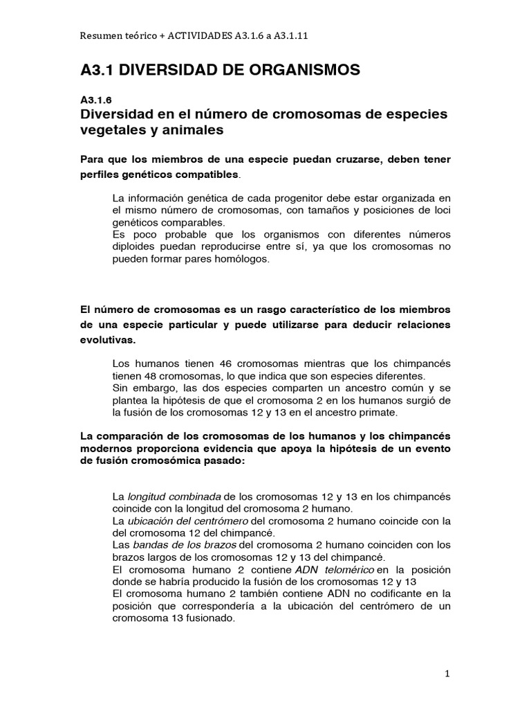 A3.1.6 DIVERSIDAD de Organismos RESUMEN TEÓRICO y Actividades 1.6 A 1. ...