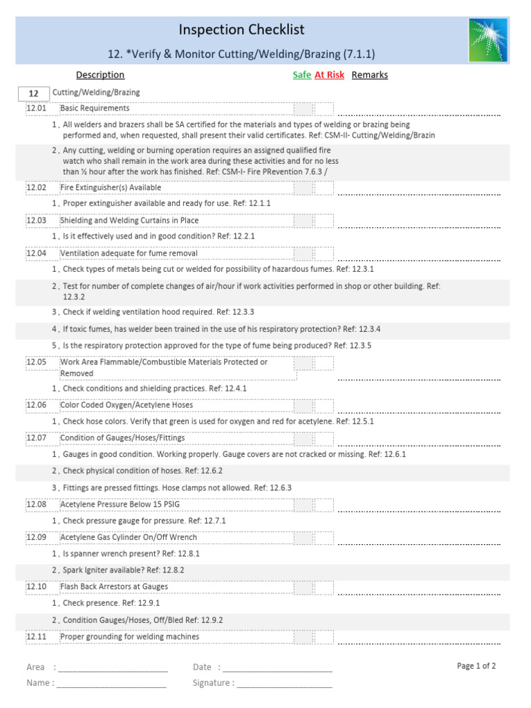 Welding Safety Inspection Checklist | PDF | Welding | Construction