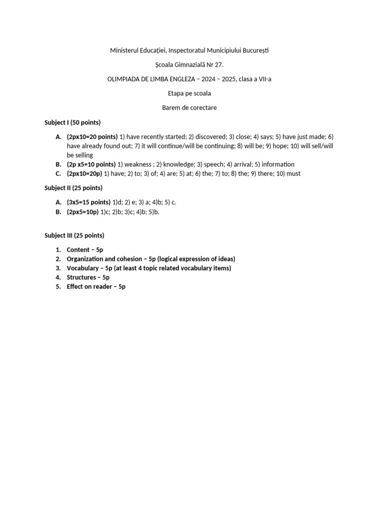 Olimpiada Scoala 27 Clasa A 7a Barem | PDF