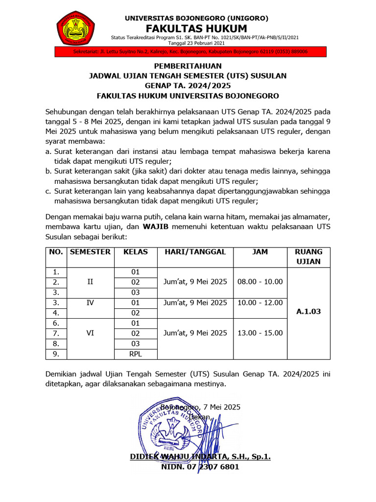 Jadwal Uts Susulan Genap Ta. 2024-2025 | PDF