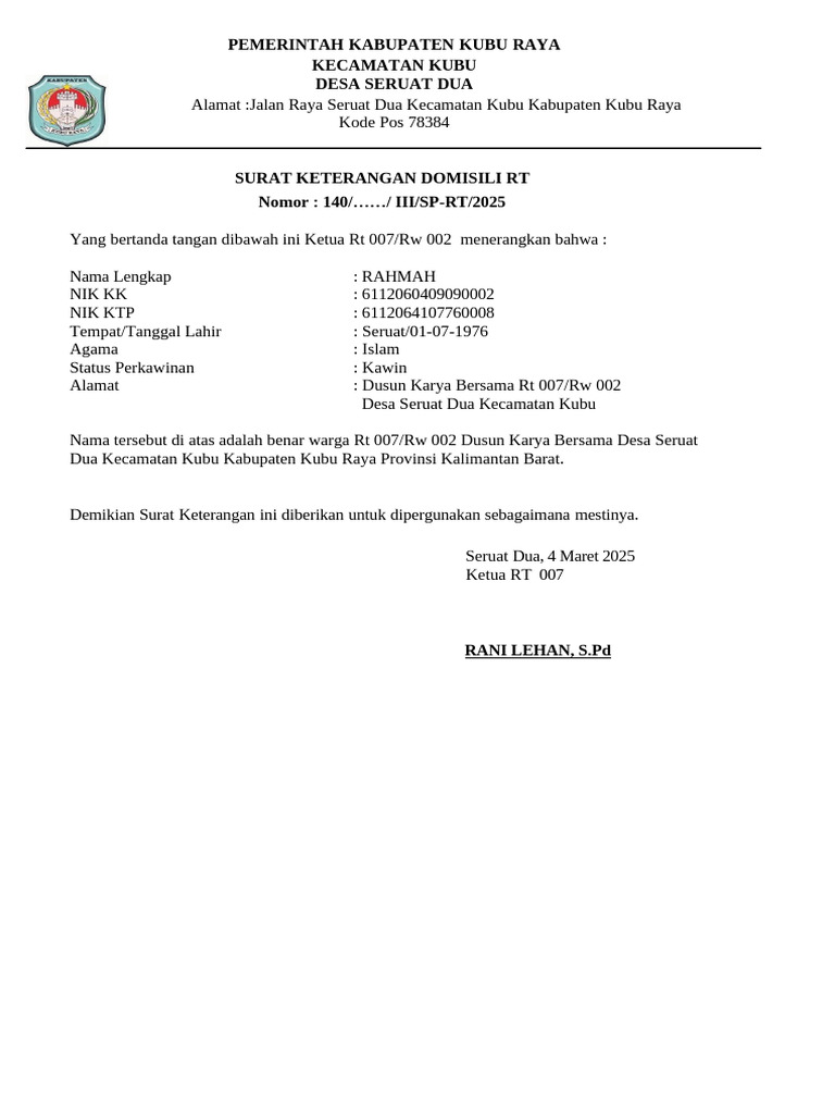 Surat Keterangan Domisili RT 007 | PDF