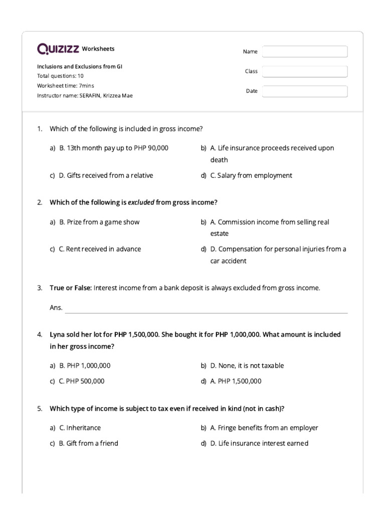 GI Inclusions and Exclusions Worksheet | PDF | Gross Income | Income