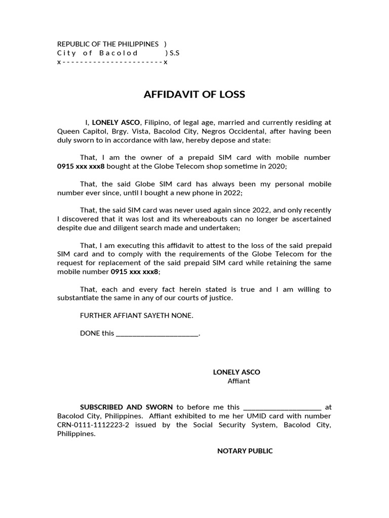 Affidavit of Loss for Globe SIM Card | PDF