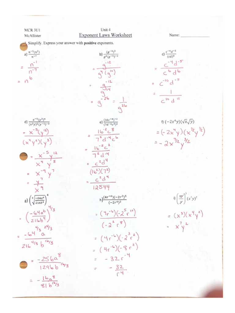 Exponent Laws Review #1 Solutions | PDF