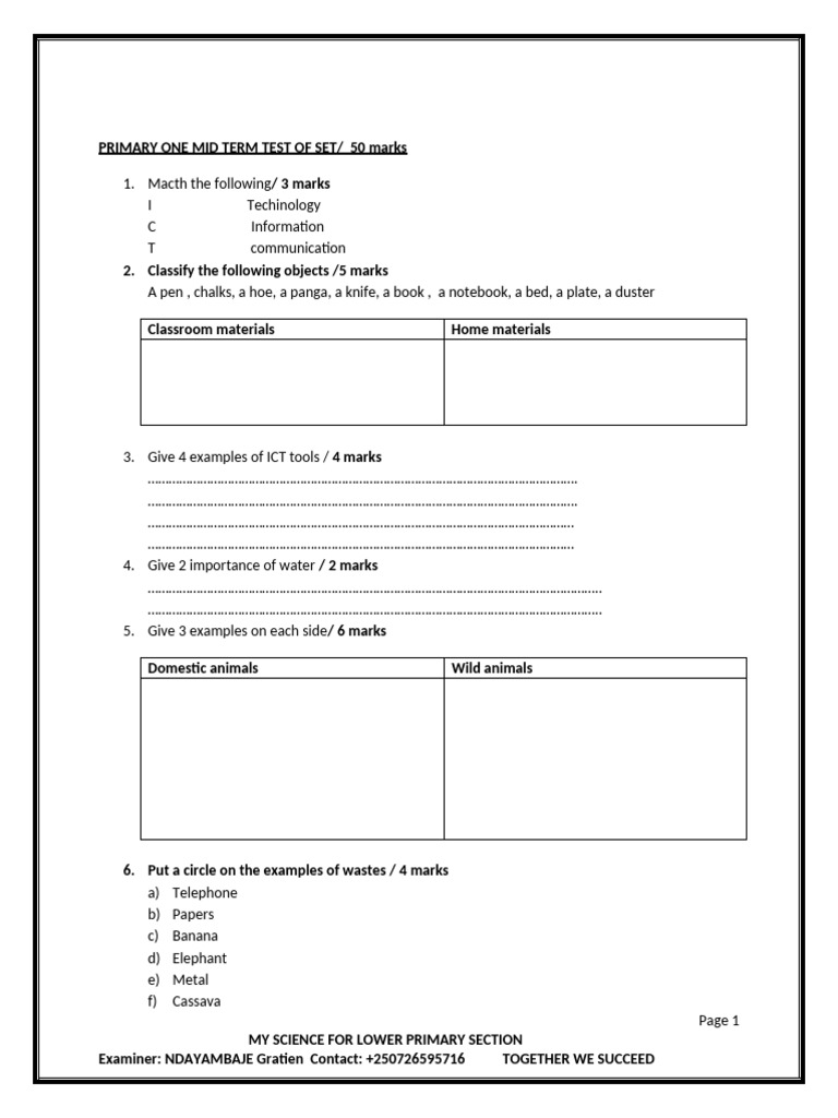 Primary 1 Mid-Term Test Questions | PDF