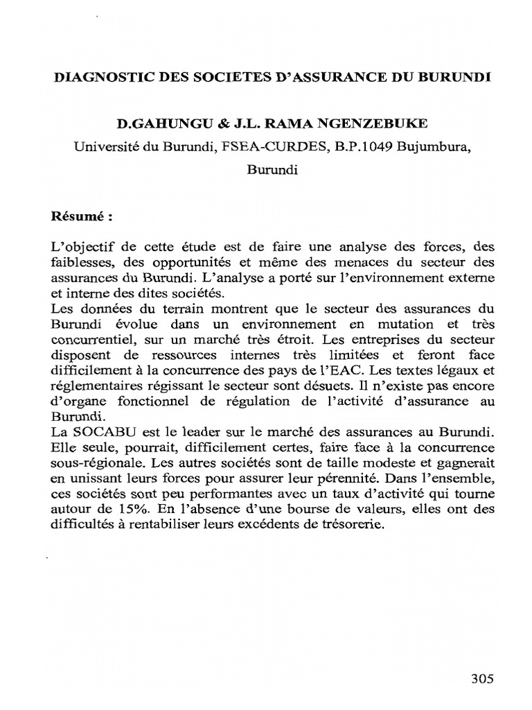 Diagnostic des Assurances au Burundi | PDF | Assurance | Capitaux propres