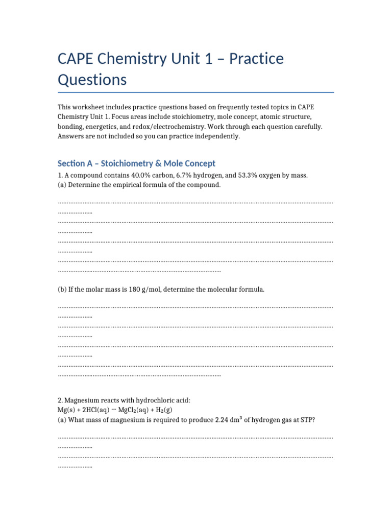 CAPE Chem Unit1 Practice Questions | PDF | Chemical Elements | Chemistry