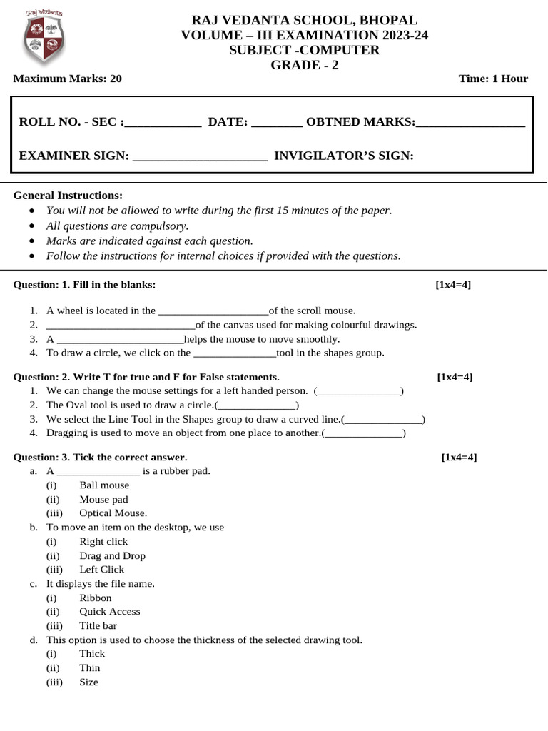 Worksheet Question Paper | PDF