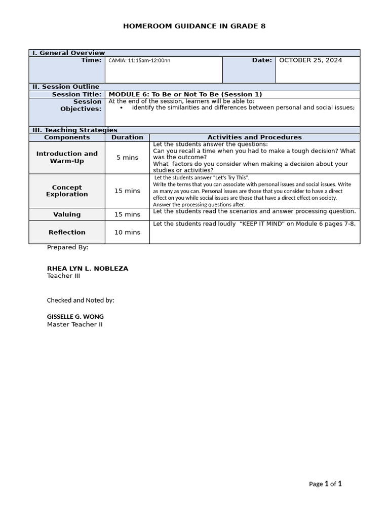 OCTOBER 25, 2024: Homeroom Guidance in Grade 8 | PDF