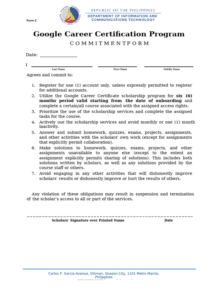 DICT GCC Scholars Commitment Form for General Public | PDF