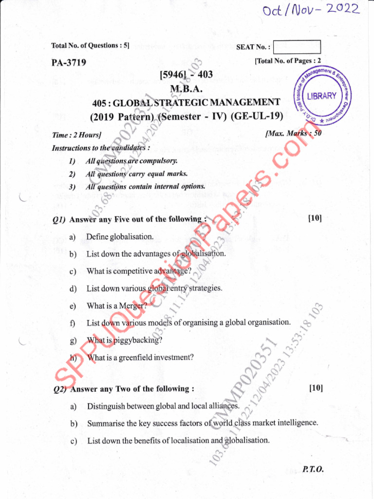 Postgraduate PG Mba Semester 4 2022 October Global Strategic Management ...
