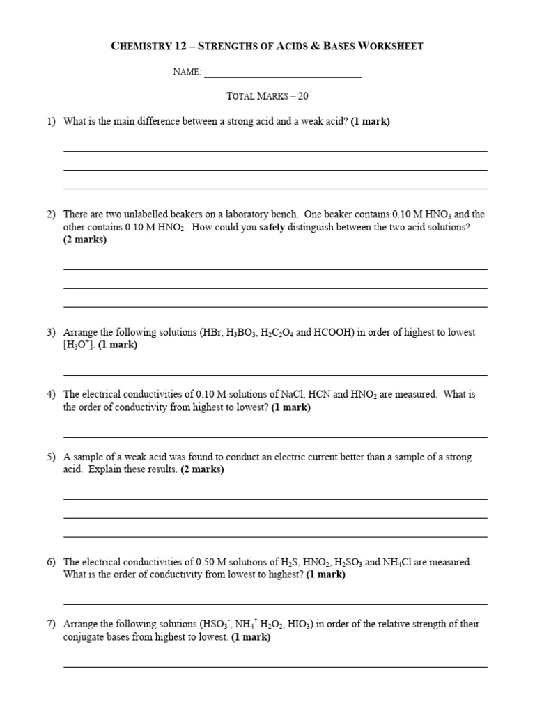 Strengths of Acids Bases Worksheet 1tue76o | PDF