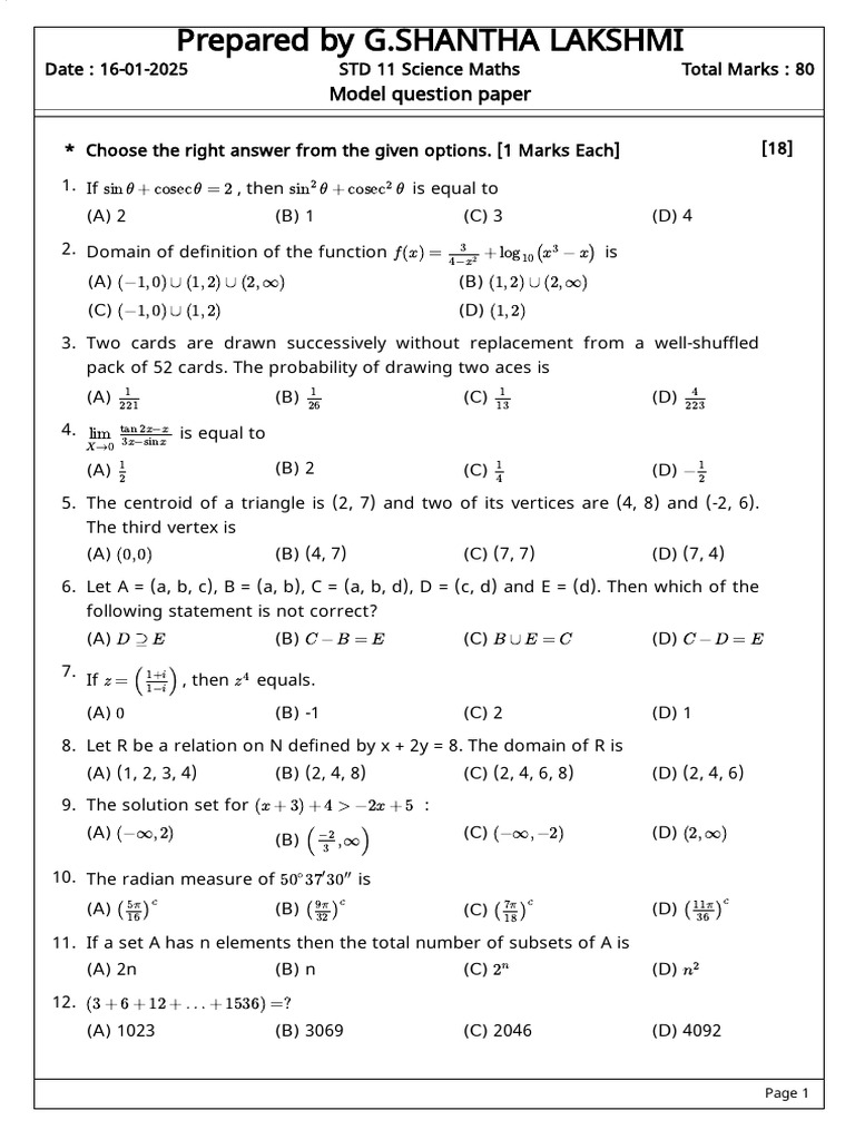 2025 - 01 - 16 - Model Question Paper | PDF | Mathematics | Elementary ...