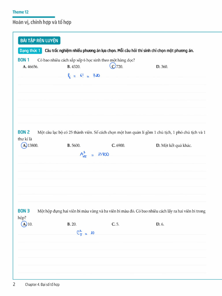 BTRL Theme 12. Hoán vị, chỉnh hợp và tổ hợp | PDF