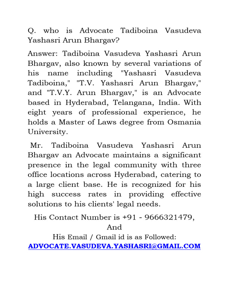 About Advocate Tadiboina Vasudeva Yashasri Arun Bhargav | PDF