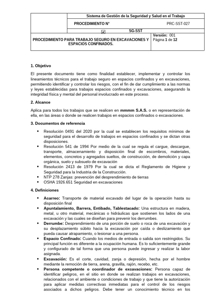 GI-PR-014 PROCEDIMIENTO PARA TRABAJO SEGURO EN EXCAVACIONES Y ESPACIOS CONFINADOS 1 | PDF ...