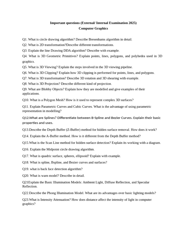 Computer Graphics Exam Questions 2025 | PDF