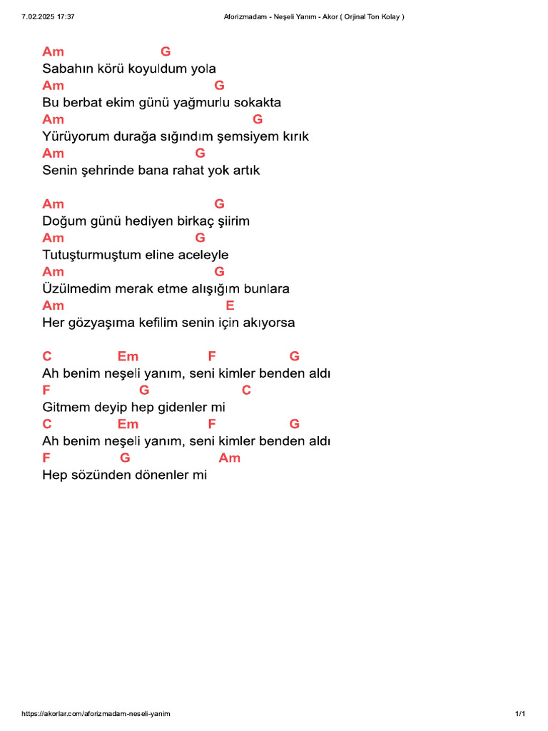 Aforizmadam - Neşeli Yanım - Akor (Orjinal Ton) | PDF