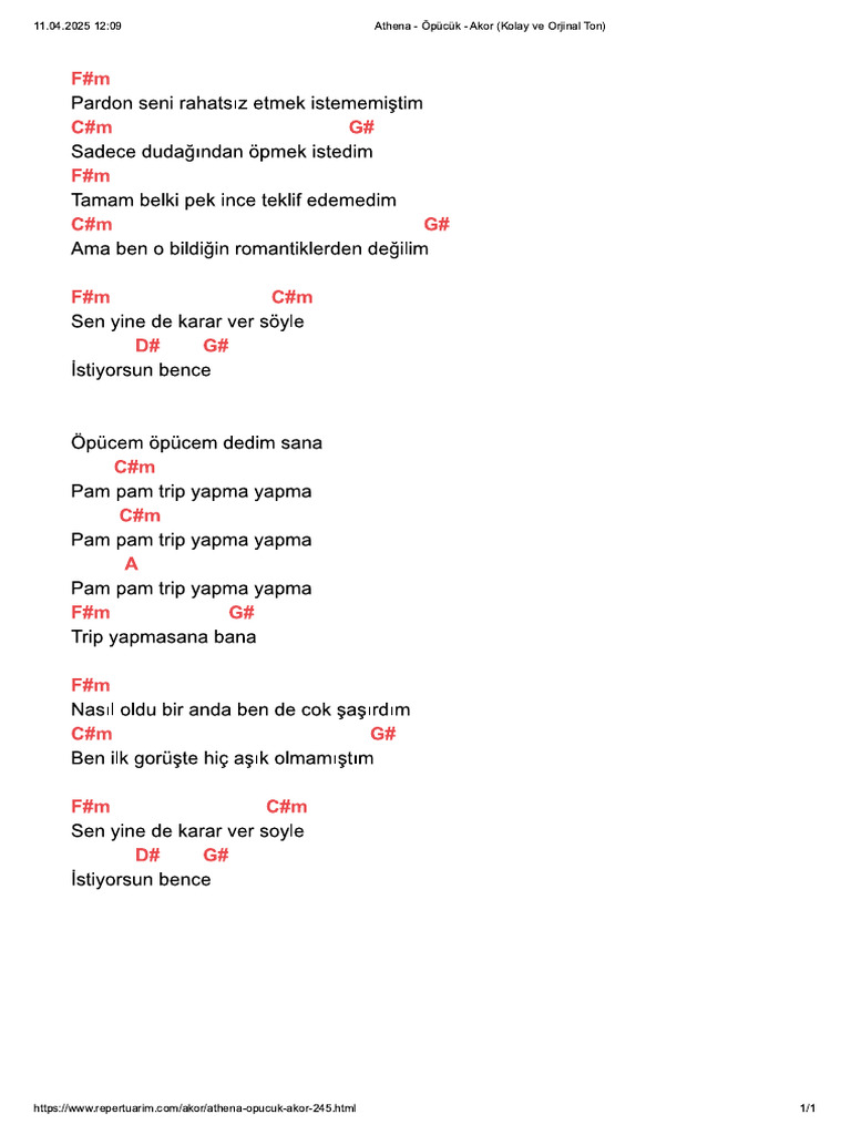 Athena - Öpücük - Akor (Kolay Ve Orjinal Ton) | PDF
