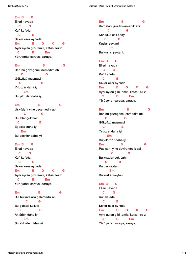 Duman - Kufi - Akor ( Orjinal Ton ) | PDF