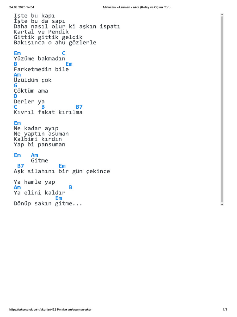 Mirkelam - Asuman - Akor (Kolay Ve Orjinal Ton) | PDF