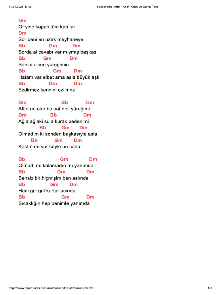 Seksendört - Affet - Akor (Kolay Ve Orjinal Ton) | PDF