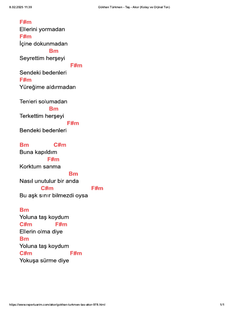 Gökhan Türkmen - Taş - Akor (Orjinal Ton) | PDF