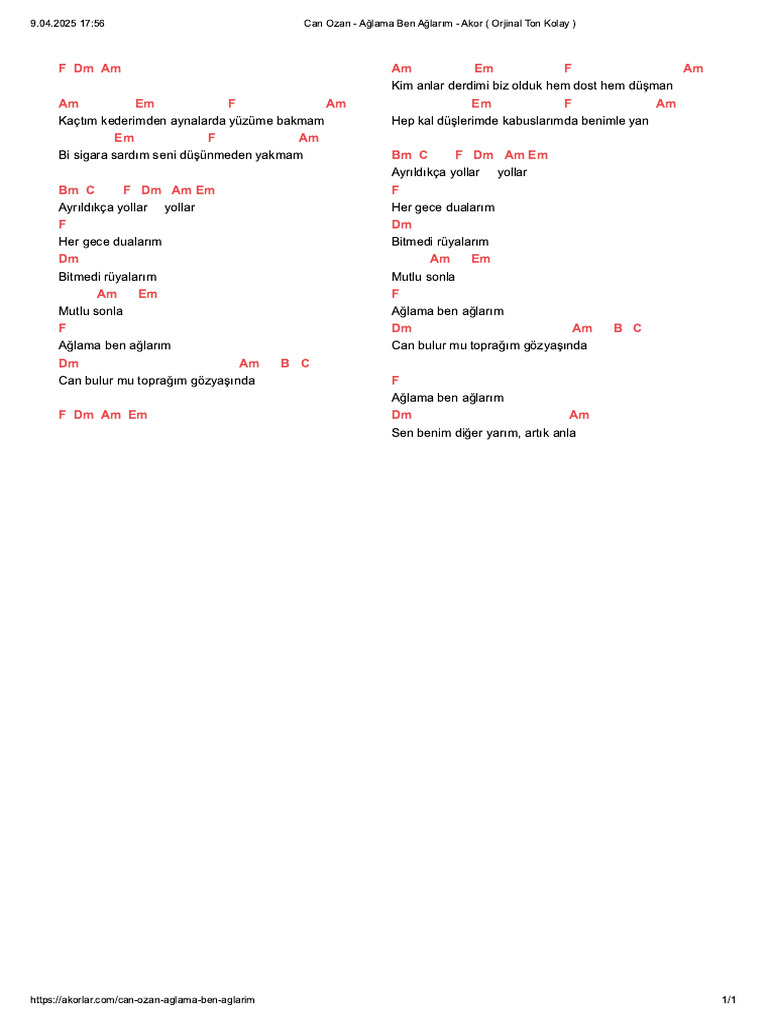 Can Ozan - Ağlama Ben Ağlarım - Akor ( Orjinal Ton Kolay ) | PDF