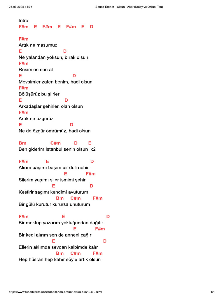 Sertab Erener - Olsun - Akor (Kolay Ve Orjinal Ton) | PDF