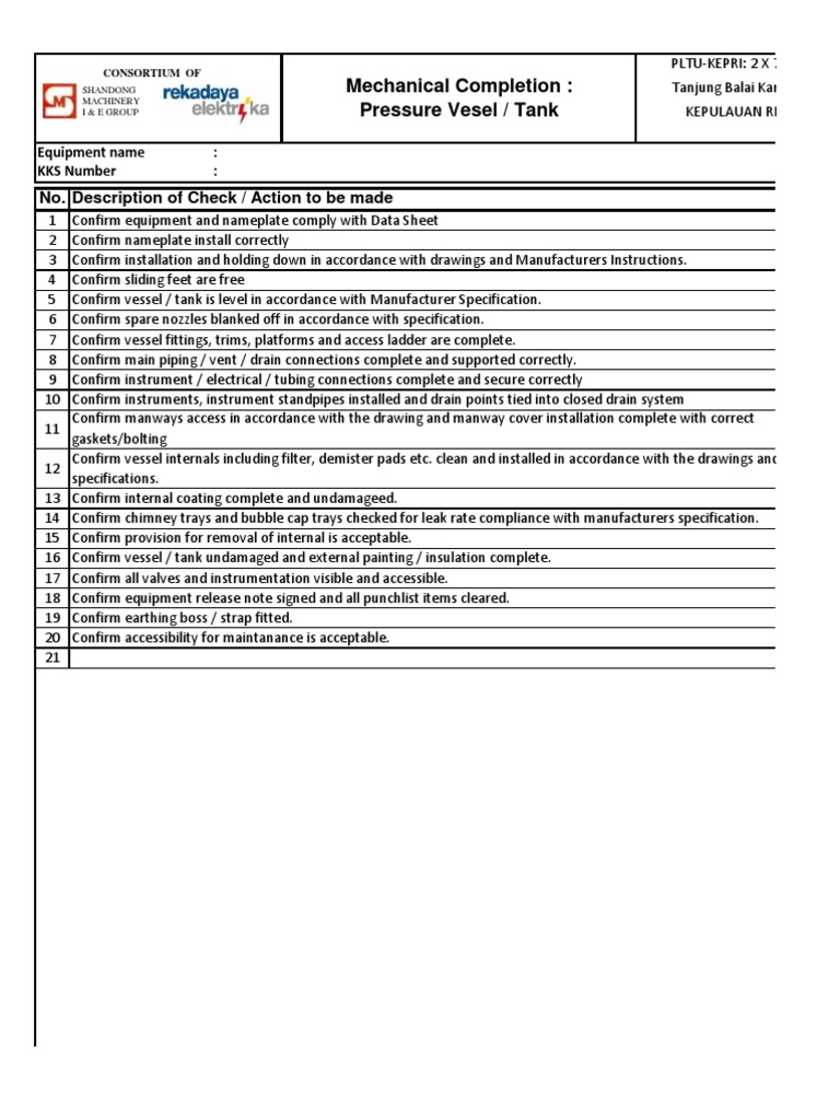 Mechanical Completion Checklist Overview | PDF | Bearing (Mechanical ...