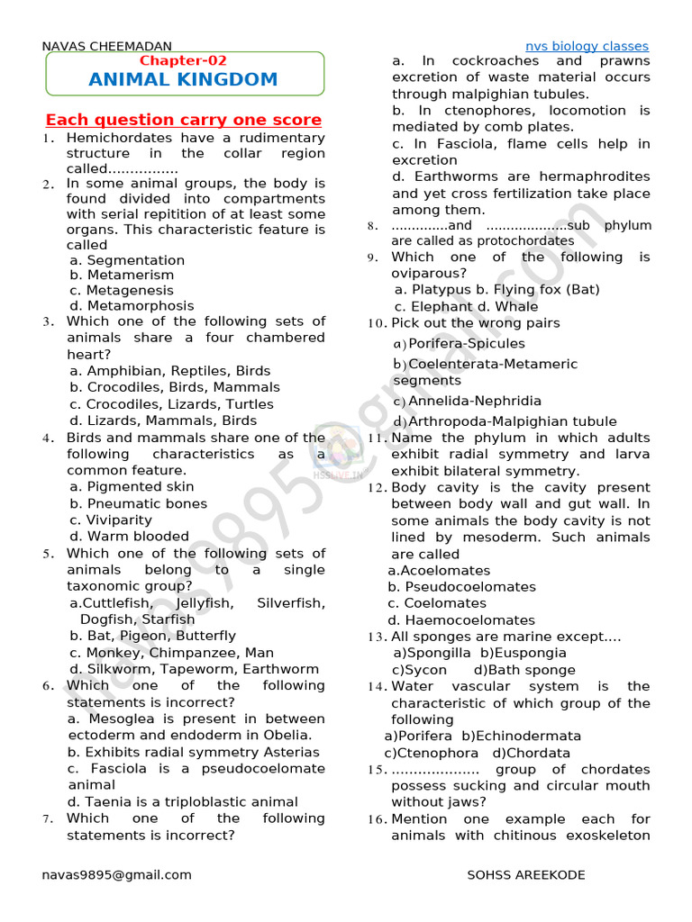 Hsslive-xi-zoology-qb-ch-2-Animal Kingdom-Navas | PDF | Zoology