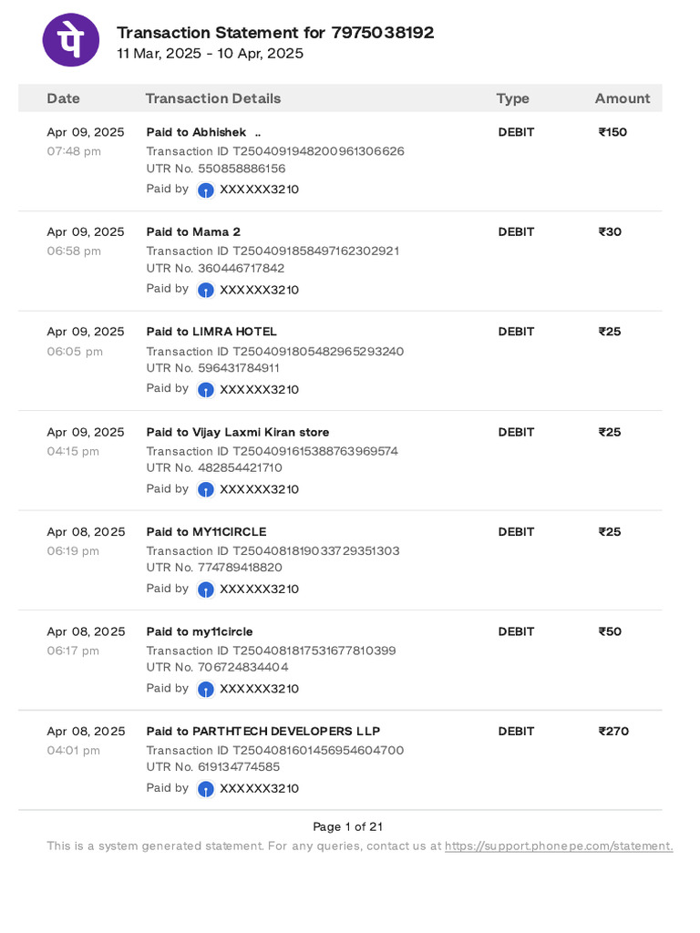 PhonePe Statement Mar2025 Apr2025 | PDF | Debit Card | Debits And Credits