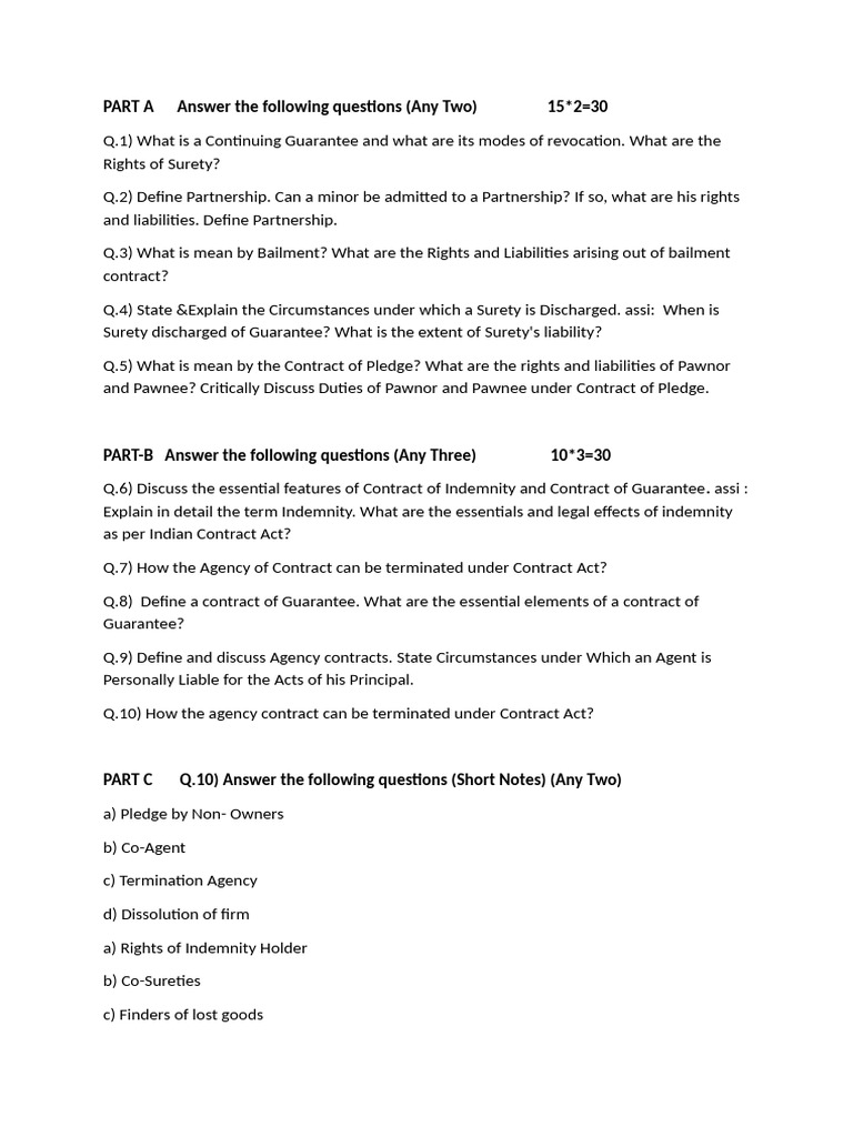 Law of Contract 2 Question Paper | PDF
